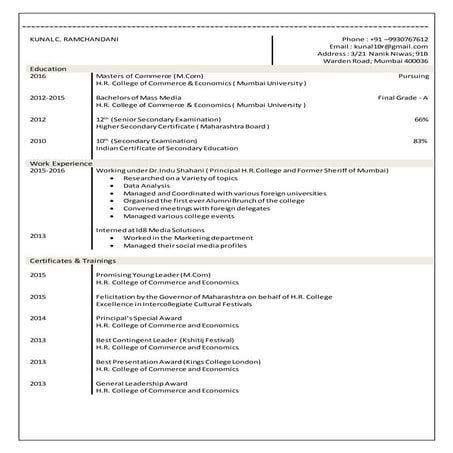 KUNAL R CV | DOCX | Education industry | Industries