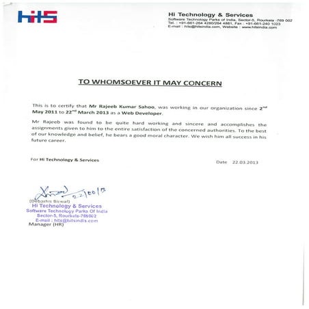 HITS FIRST Experience Letter | PDF | Free Download