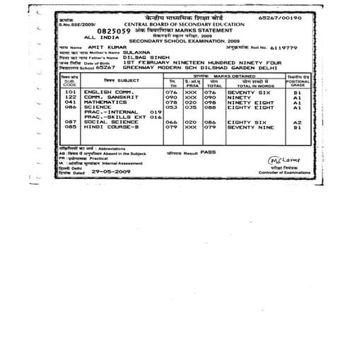 Amit Kumar - MarkSheet CBSE 10th | PDF
