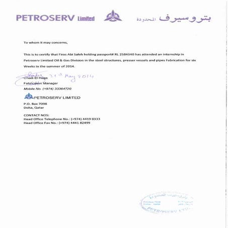 Petroserv Limited Internship Certificate | PDF