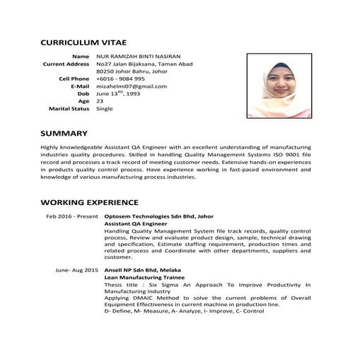 CURRICULUM VITAE- NUR RAMIZAH BINTI NASIRAN | PDF