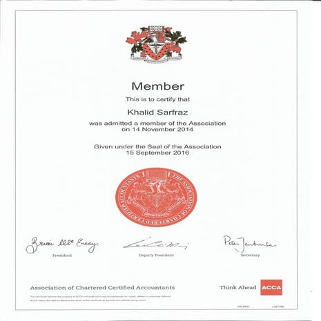ACCA Membership Certificate - Khalid Sarfraz | PDF