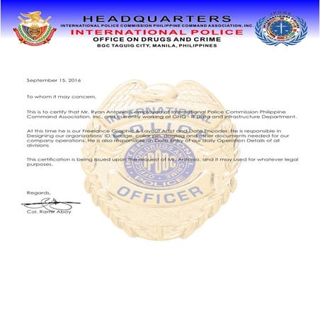 certificate of employment - international police | PDF
