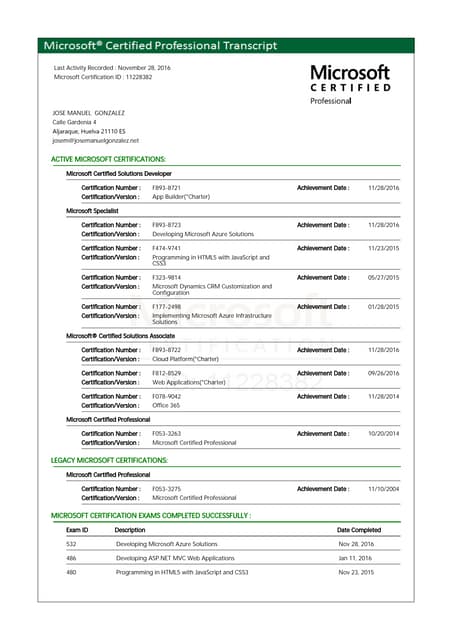 Microsoft Certified Professional Transcript | PDF