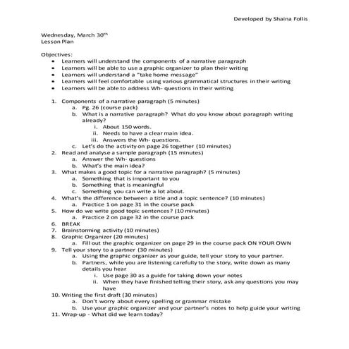 Narrative Paragraph Lesson Plan | DOCX