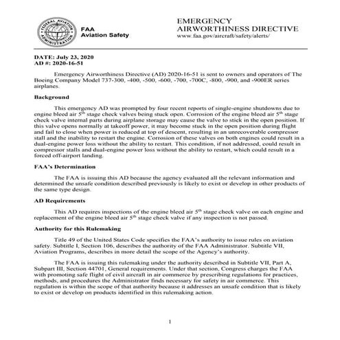 FAA - EMERGENCY AIRWORTHINESS DIRECTIVE (B737 Classic & NG) | PDF ...