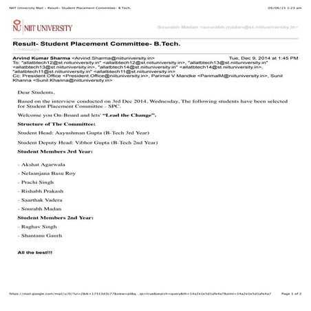 NIIT University Mail - Result- Student Placement Committee- B.Tech. | PDF