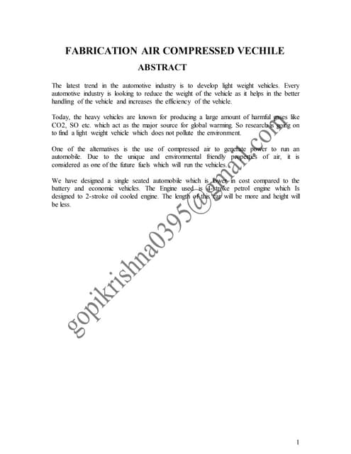 Design & Fabrication | Synopsis of Compressed Air Engine | PPTX | Physics | Science