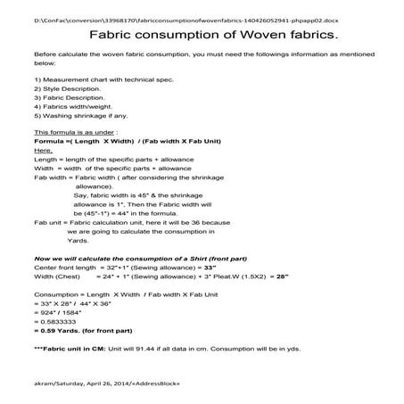 Fabric consumption of woven fabrics | DOCX