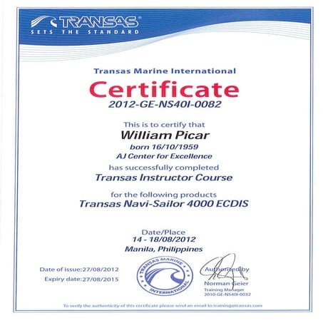 TRANSAS ECDIS CERT | PDF