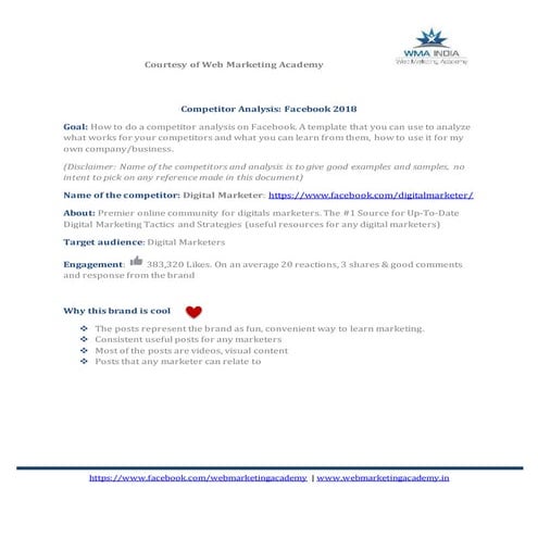 Facebook Competitor Analysis 2018. Web Marketing Academy Bangalore | PDF