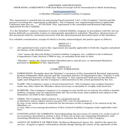 Faceconnected llc operating agreement - Mark Zuckerberg | PDF