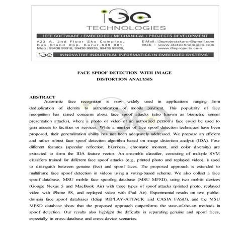 Face Spoof Detection With Image Distortion Analysis Pdf