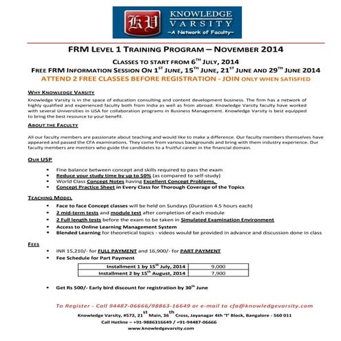 FRM Part 1 Training Program in Bangalore For November 2014 Exam | PDF