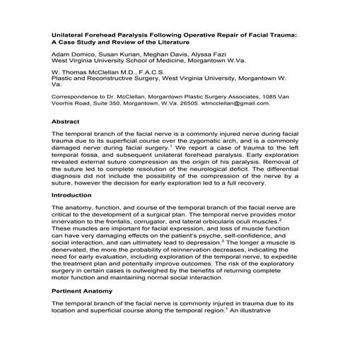 Unilateral Forehead Paralysis Following Operative Repair of Facial ...