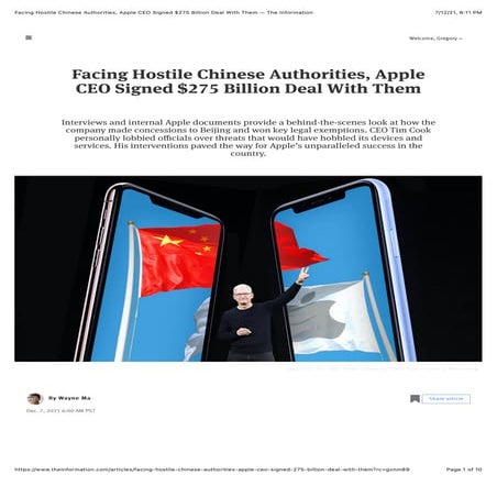 Facing hostile Chinese authorities, Apple CEO signed $275 billion deal ...