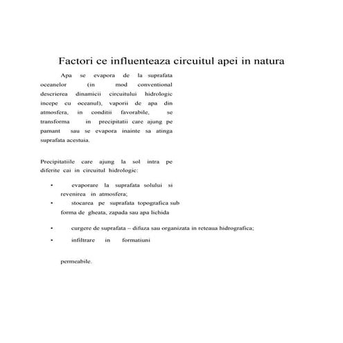 Factori ce influenteaza circuitul apei in natura | DOC