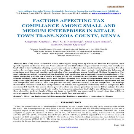 FACTORS AFFECTING TAX COMPLIANCE AMONG SMALL AND MEDIUM ENTERPRISES IN KITALE TOWN TRANS-NZOIA ...