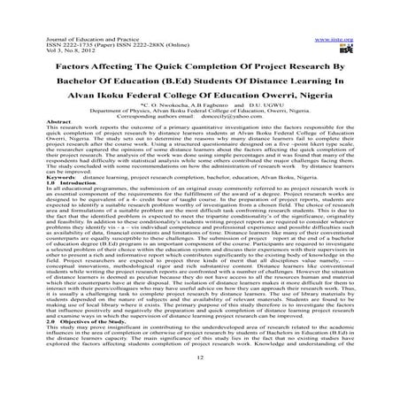 Factors affecting the quick completion of project research by bachelor ...