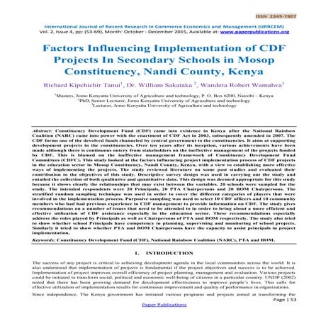 Factors Influencing Implementation of CDF Projects in Secondary Schools ...