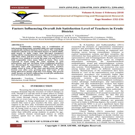 Factors Influencing Overall Job Satisfaction Level of Teachers in Erode District | PDF
