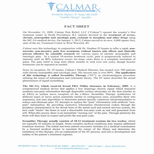 CALMARx Pain Relief Therapy, LLC Fact Sheet | PDF