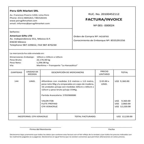 Modelo de Factura Comercial (Commercial Invoice) llenada | PDF