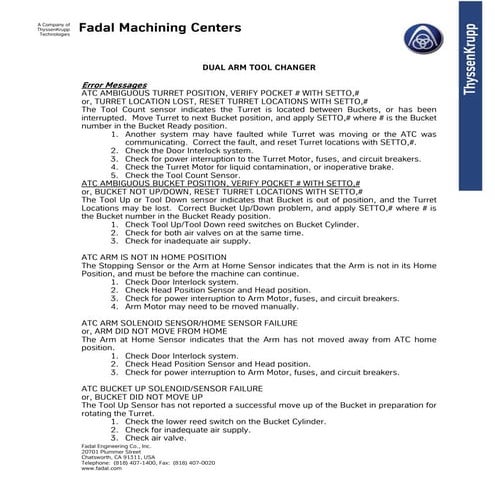 Fadal Dual Arm Tool Changer Error Messages Manual | PDF