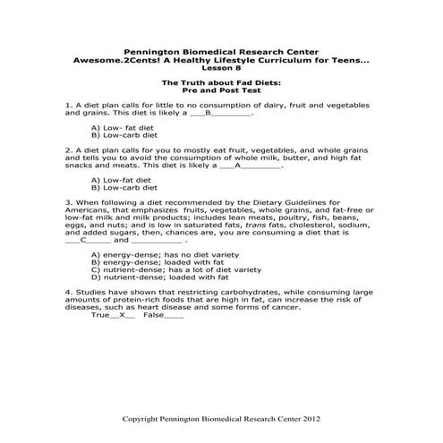 Fad diet pre and post test unit 8 | PDF