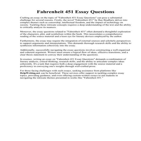 Fahrenheit 451 Essay Questions | PDF