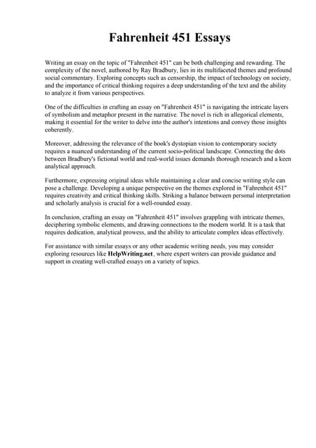 Fahrenheit 451 Technology Essay. De Anza College | PDF