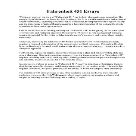 Fahrenheit 451 Essays. Fahrenheit 451 Essay English - Year 12 SACE ...