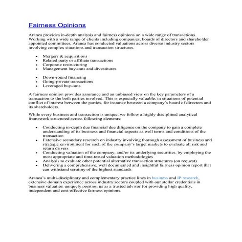 Aranca | Fairness Opinion | Valuation & Advisory Services | PDF
