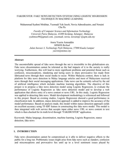 Fake News Detection Using Machine learning algorithm | PPTX | Computing | Technology & Computing