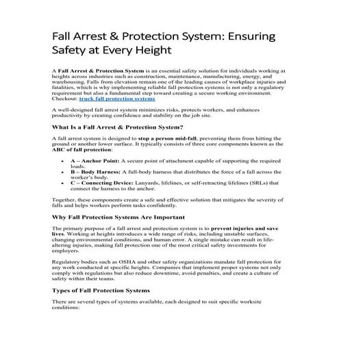 Fall Arrest & Protection System: Ensuring Safety at Every Height | PDF