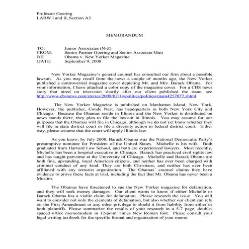 Fall 2008 closed memo assignment obama v. new yorker magazine right of ...