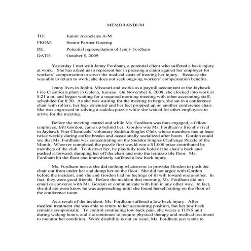 Fall 2009 closed memo assignment no. 2 workers comp. horseplay rule (a ...