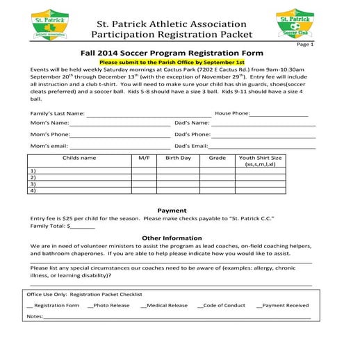 Fall 2014 Soccer Program Registration Form | PDF | Soccer | Sports