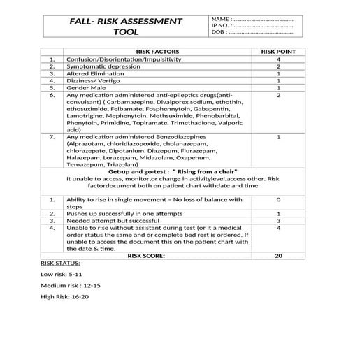 fall risk assessment.docx. Fall risk assessment tool | DOCX