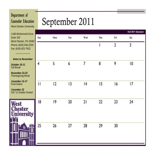 Fall Semester Calendar Counselor Ed Department | PDF