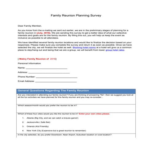 Family Reunion Questionnaire Form Checklist For FAMILY REUNION
