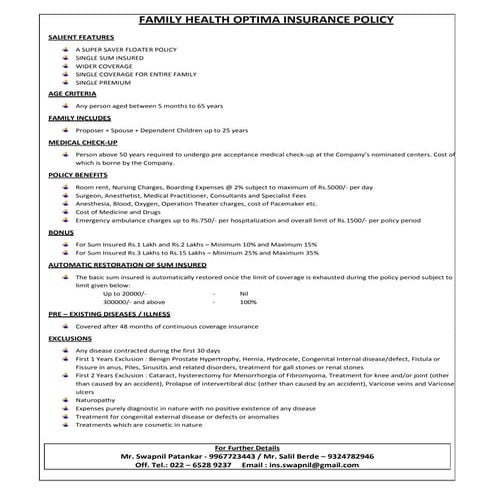 Family health optima insurance policy | PDF