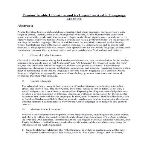 Famous Arabic Literature and its Impact on Arabic Language Learning | PDF