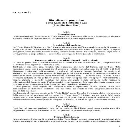 "Disciplinare di produzione pasta Katta di Timbuctu e Gao (Presidio ...