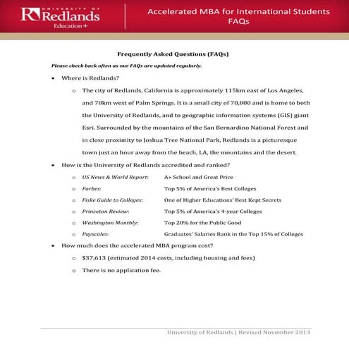 University of Redlands - 1 Year MBA FAQ's | DOCX