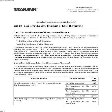 FAQs on Income Tax Returns | PDF