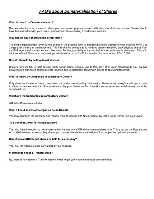 Dematerialization of shares | PPTX | Stocks and Bonds | Personal Investing