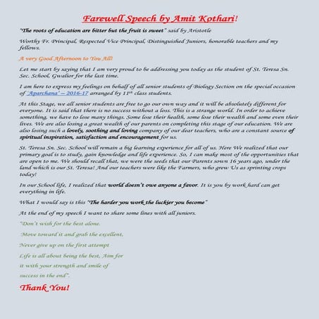 Farewell speech from the Senior to Junior | PDF