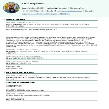 CV of Farid Bayramov - Linux / Devops engineer | PDF