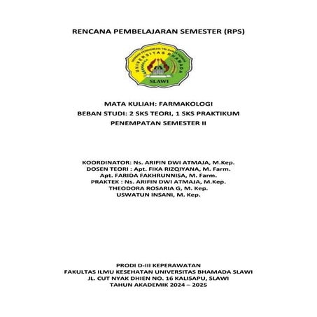 Rencana Pembelajaran Semester (RPS) Mata Kuliah Farnakologi | PDF